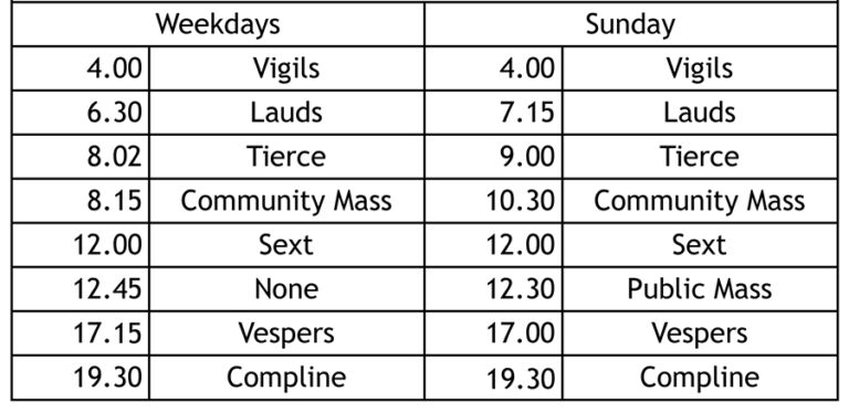 Monastic Timetable – Mount St Joseph Abbey – Roscrea, Ireland