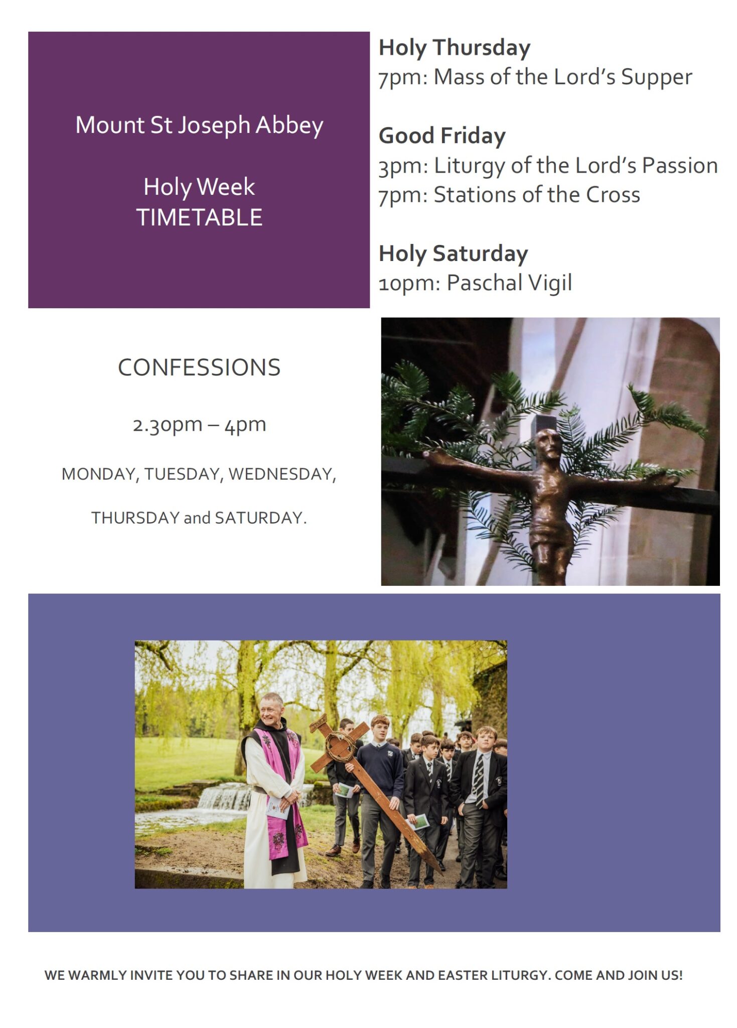 Easter Triduum Timetable 2023 – Mount St Joseph Abbey – Roscrea, Ireland